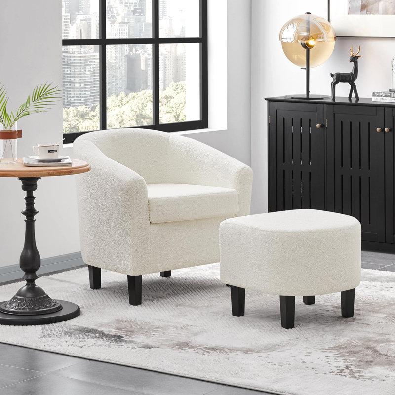 Armchair and Footstool Set Modern Plush Sherpa Bucket Chair and Footstool Comfortable Boucle Armchair and Footstool for Living Room Bedroom Reading